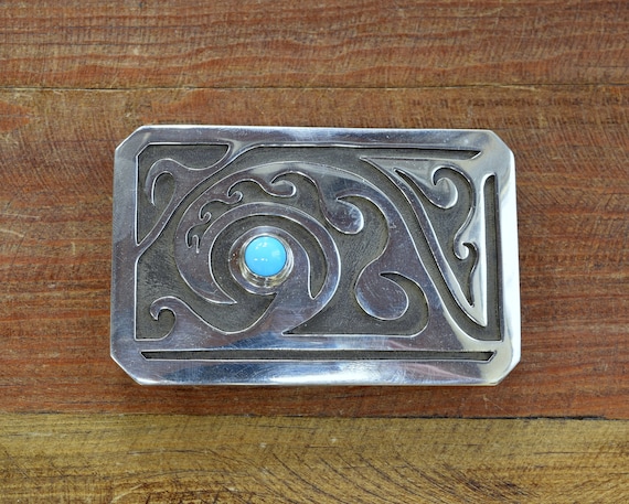 Turquoise and Sterling Silver Overlay Belt Buckle by Michael | Etsy