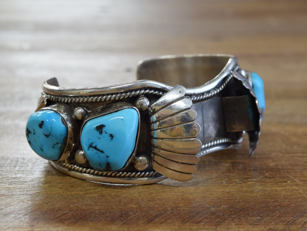 Vintage Sterling Silver Turquoise Watch Cuff Bracelet by Jeraldine ...
