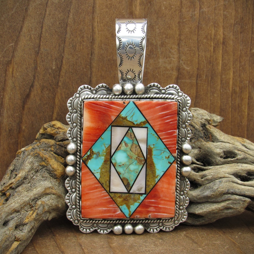Extra Large Vintage Rectangle Multi-stone Inlay Pendant With Large Bail ...