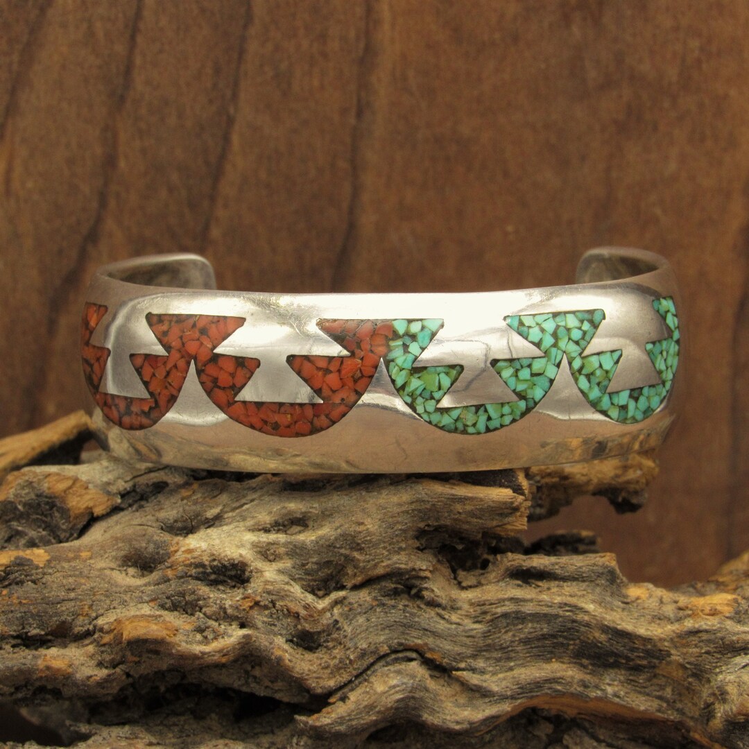 Navajo Sterling Silver Cuff Bracelet With Chip Inlay Signed DJN - Etsy