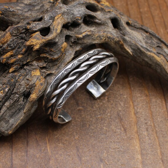 Sterling Silver Stamped Wire Cuff Bracelet - Gem