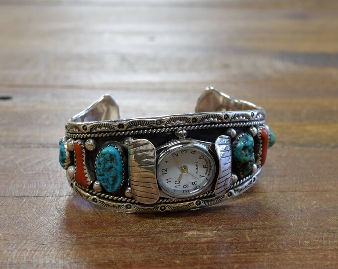 Vintage Sterling Silver Southwestern Turquoise and Coral Watch Cuff ...
