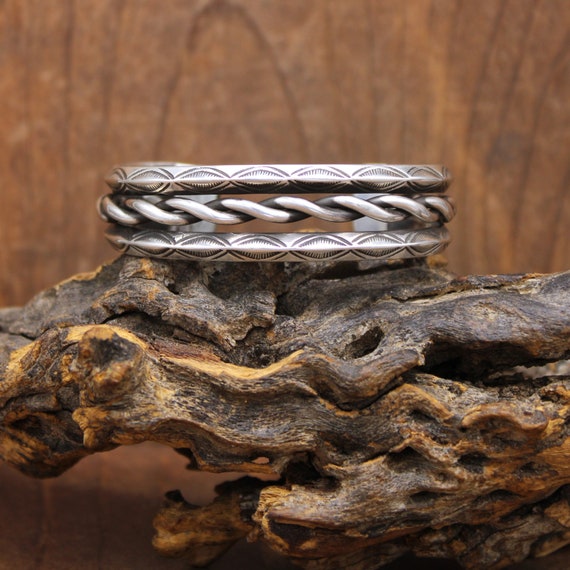 Sterling Silver Stamped Wire Cuff Bracelet - Gem