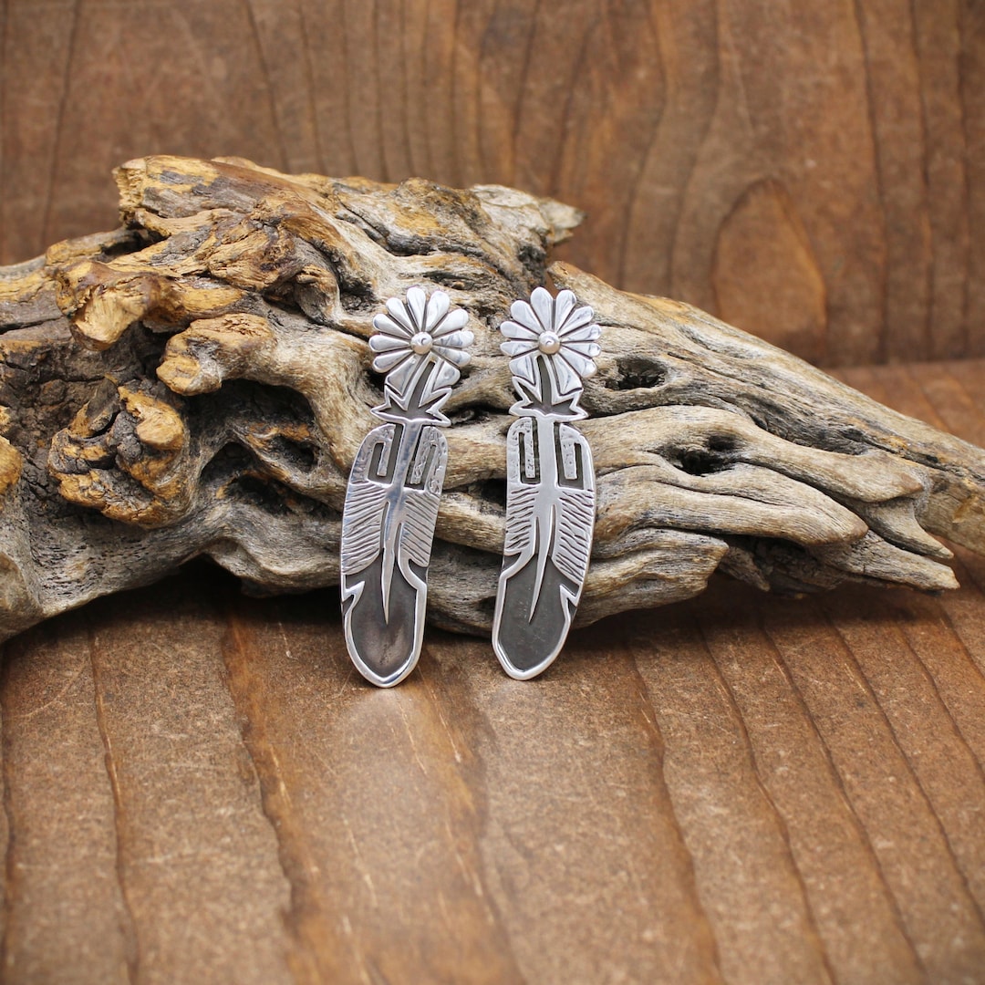 Vintage Sterling Silver Stamped Overlay Feather Post Earrings - Etsy