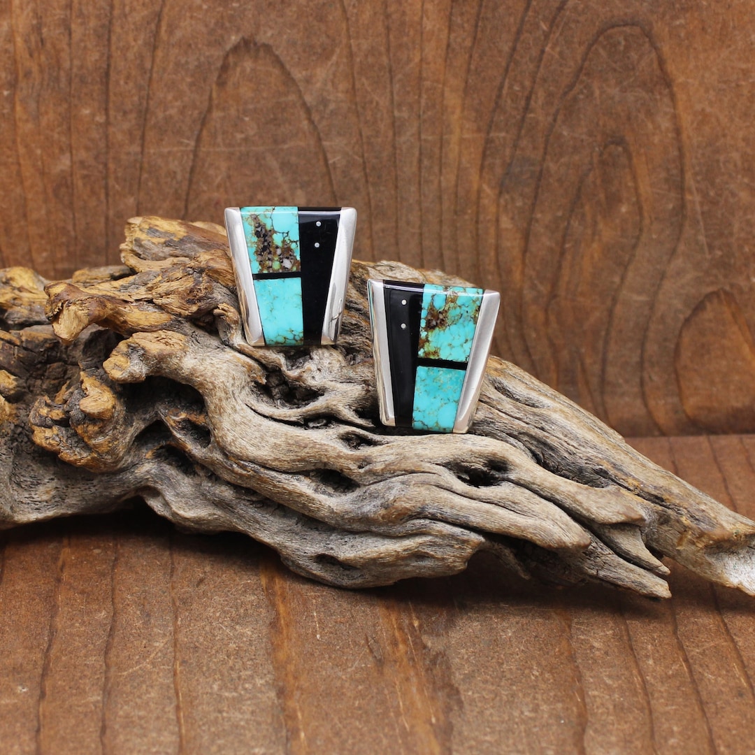 Navajo Sterling Silver Turquoise and Jet Inlay Post Earrings by Jimmy ...