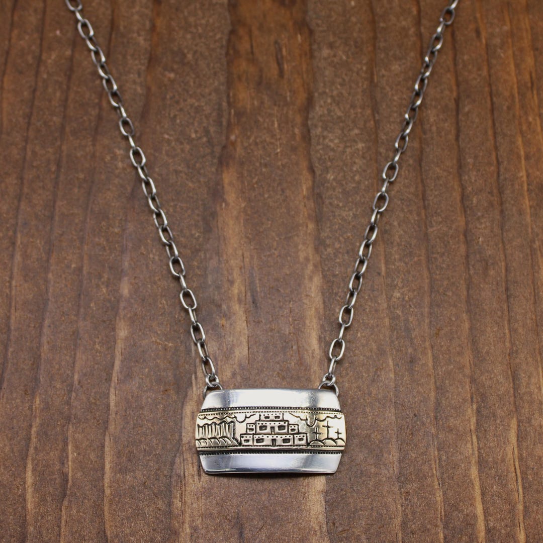 Sterling Silver and 14K Gold Pueblo Scene Storyteller Pendant Necklace ...