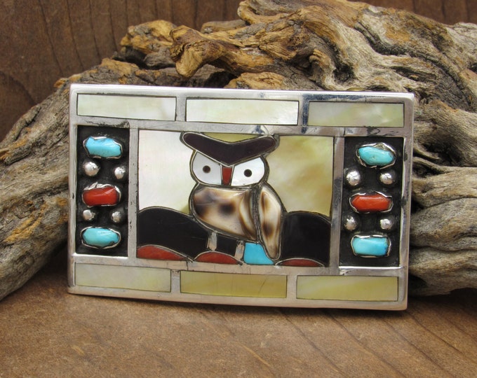 Vintage Sterling Silver Inlaid Owl Belt Buckle by F C Gasper Zuni - Etsy