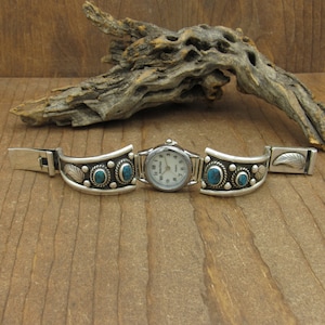 Vintage Southwestern Sterling Silver Turquoise Hinged Watch Bracelet ...