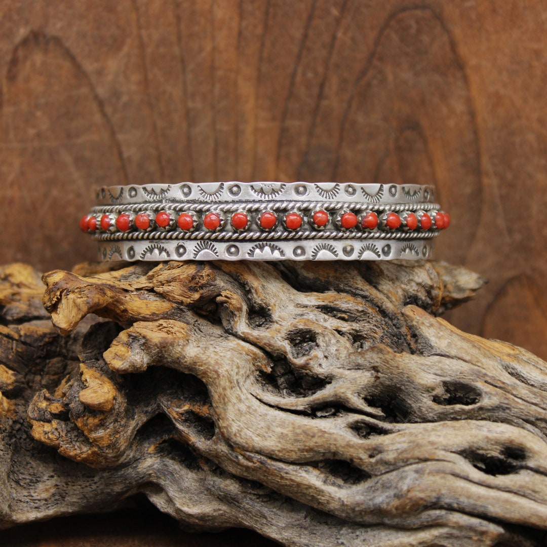 Vintage Sterling Silver Coral Cuff Bracelet Made by Zuni JP Ukestine - Etsy