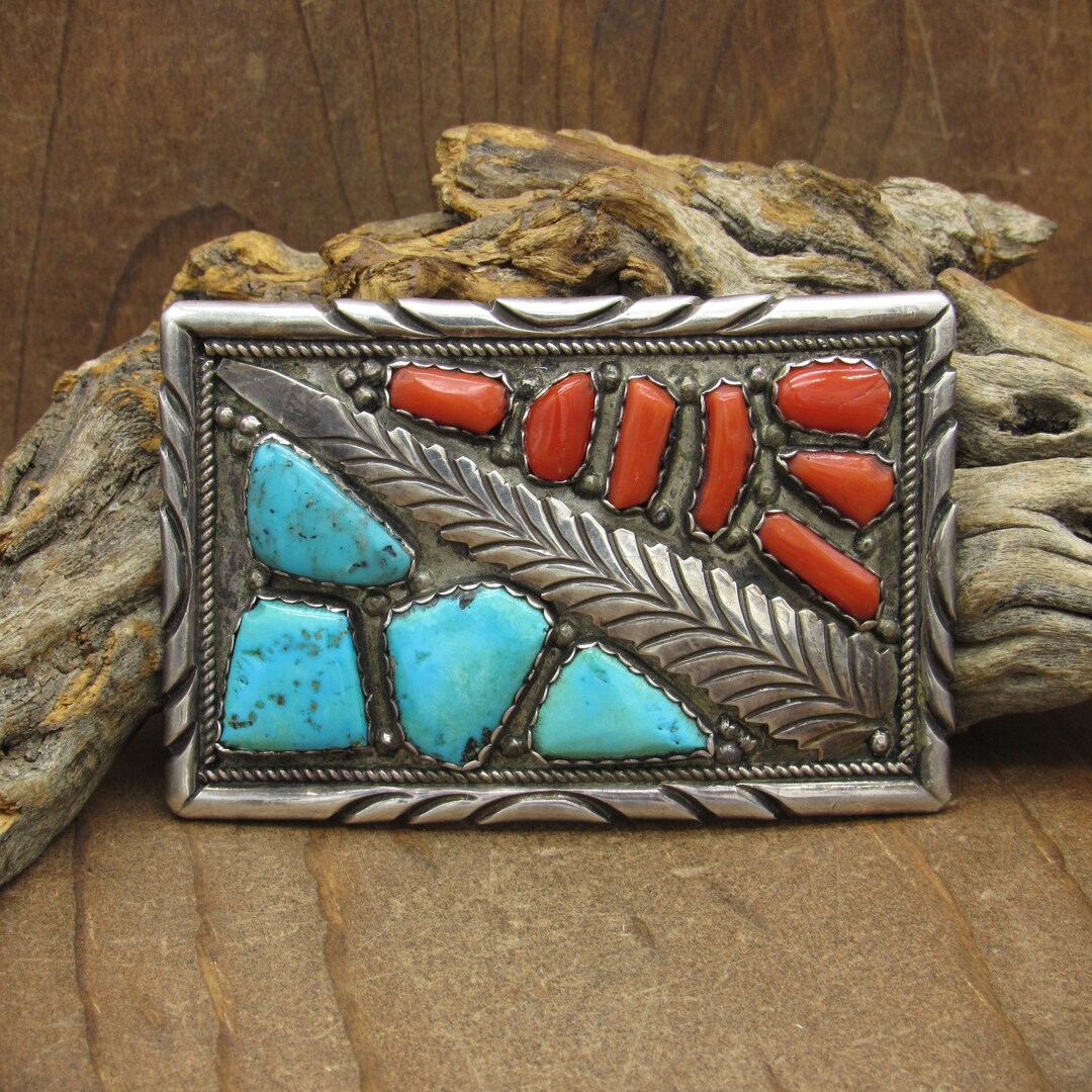 Vintage Zuni Sterling Silver Turquoise Coral Feather Belt Buckle * - Etsy