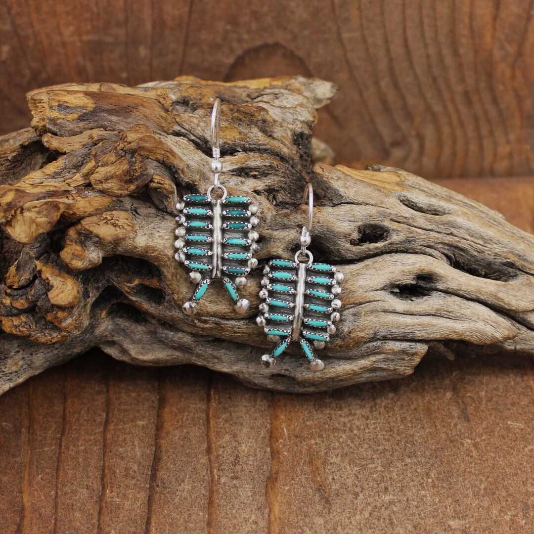 Vintage Needlepoint Turquoise Zuni Dangle Wire Earrings by Lucy Gchachu ...