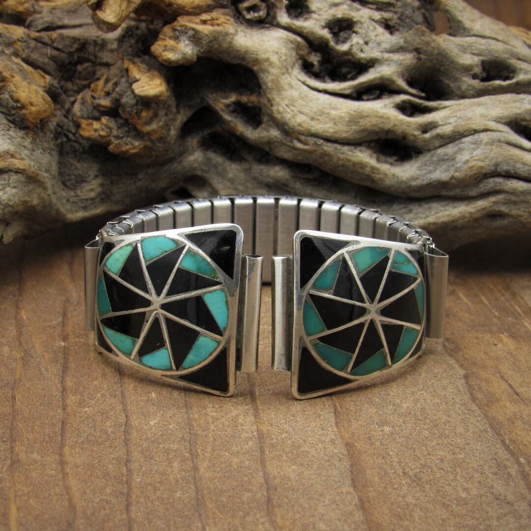 Vintage Southwest Sterling Silver, Jet and Turquoise Inlaid Watch Band ...