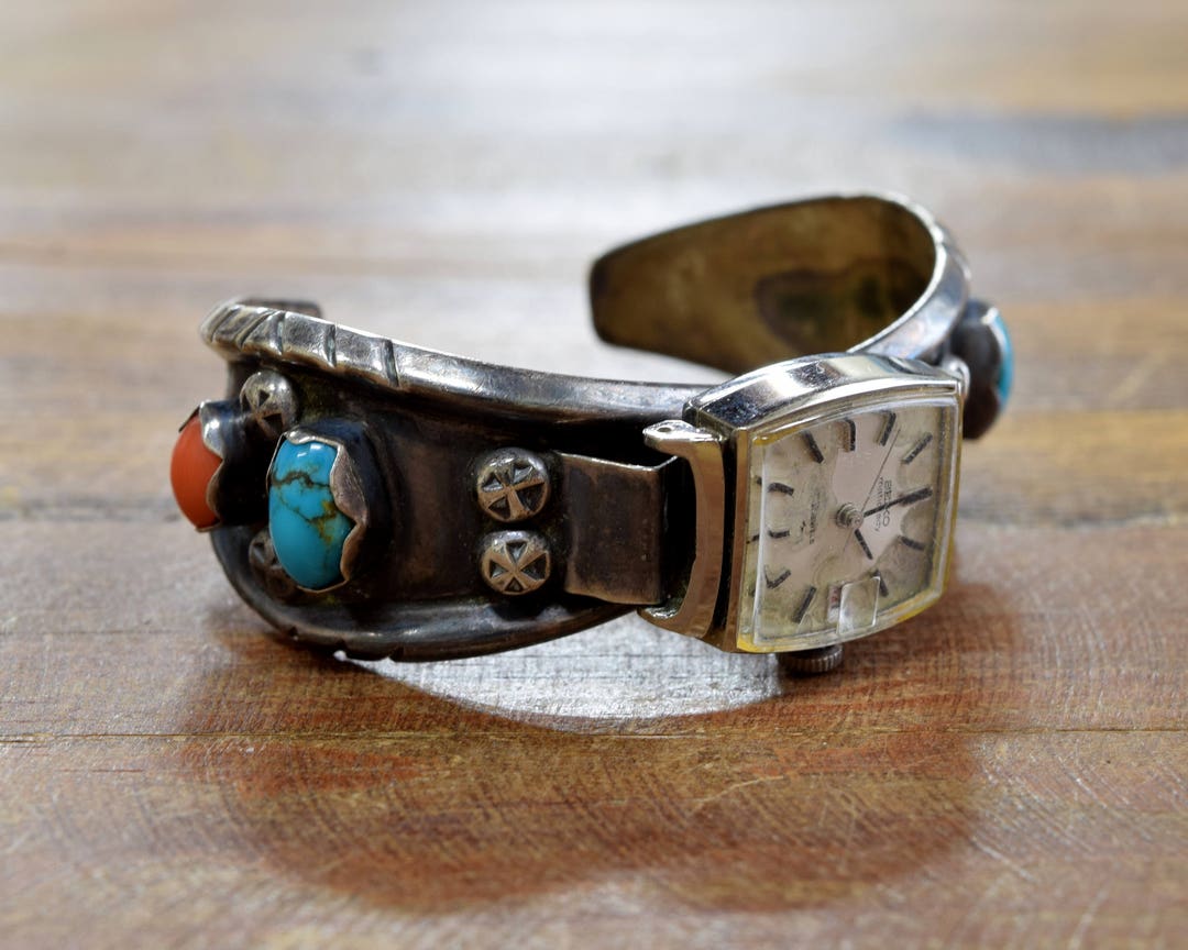 Vintage Sterling Silver Turquoise and Coral Watch Cuff - Etsy