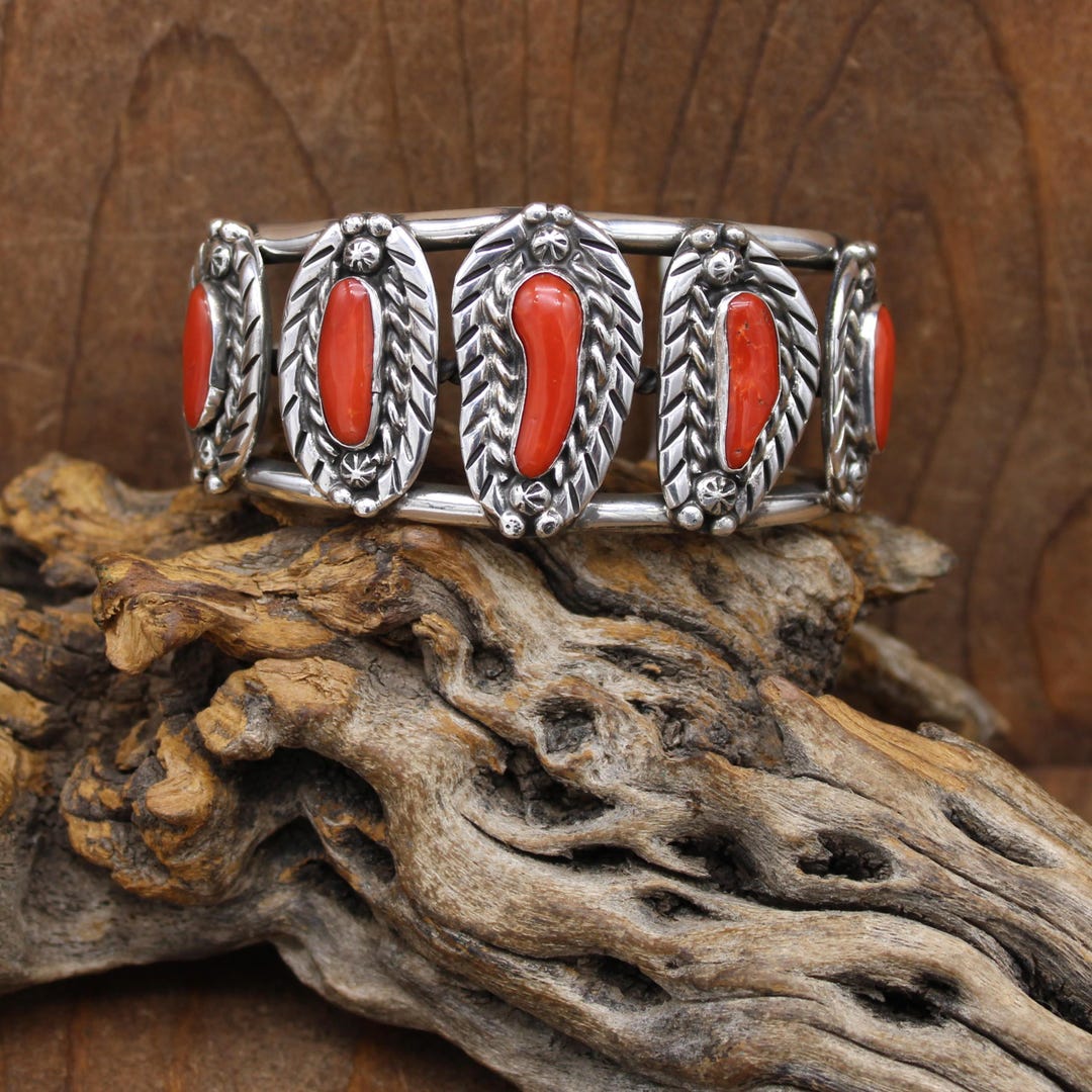 Sterling Silver Five-stone Coral Cuff Bracelet on Triple Wire Shank ...