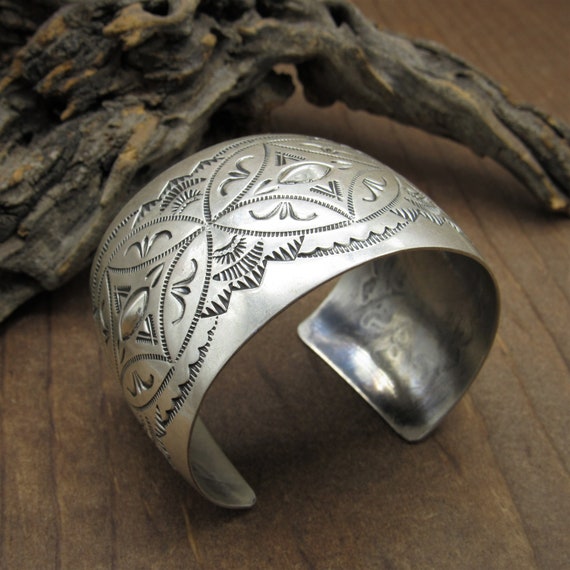 Wide Sterling Silver Stamped Cuff Bracelet - Gem