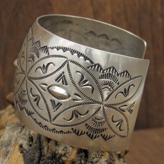 Wide Sterling Silver Stamped Cuff Bracelet - Gem