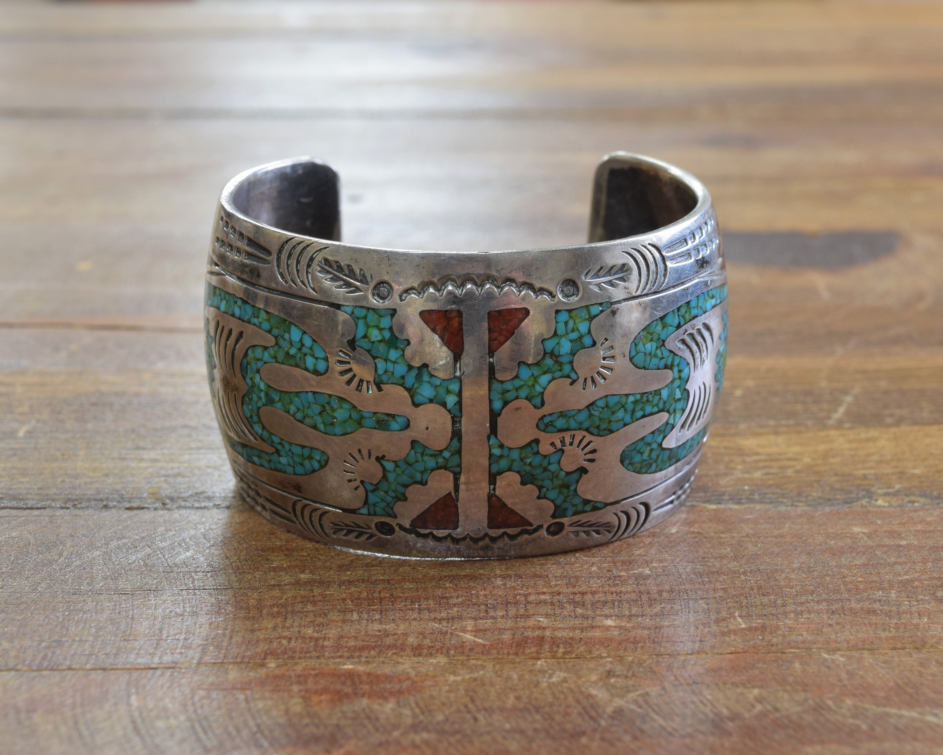 Vintage Turquoise and Coral Chip Inlay Cuff Bracelet | Etsy