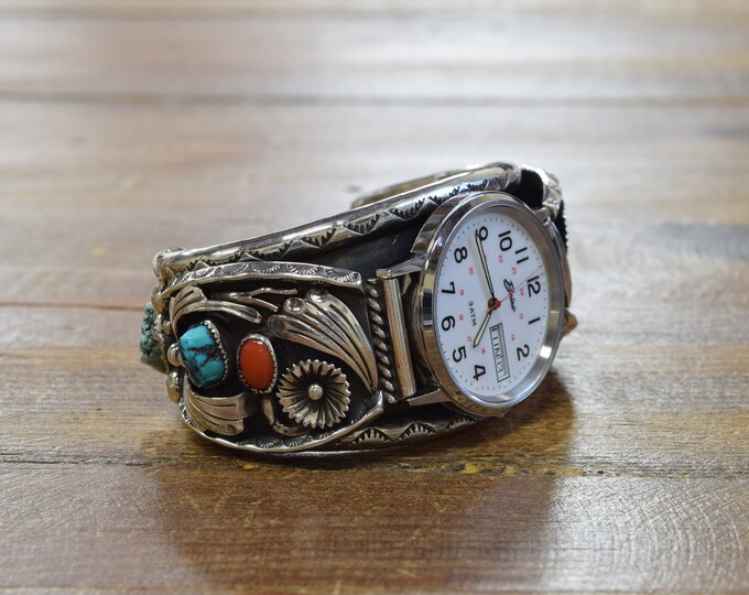 Southwestern Turquoise and Coral Sterling Silver Watch Cuff - Etsy