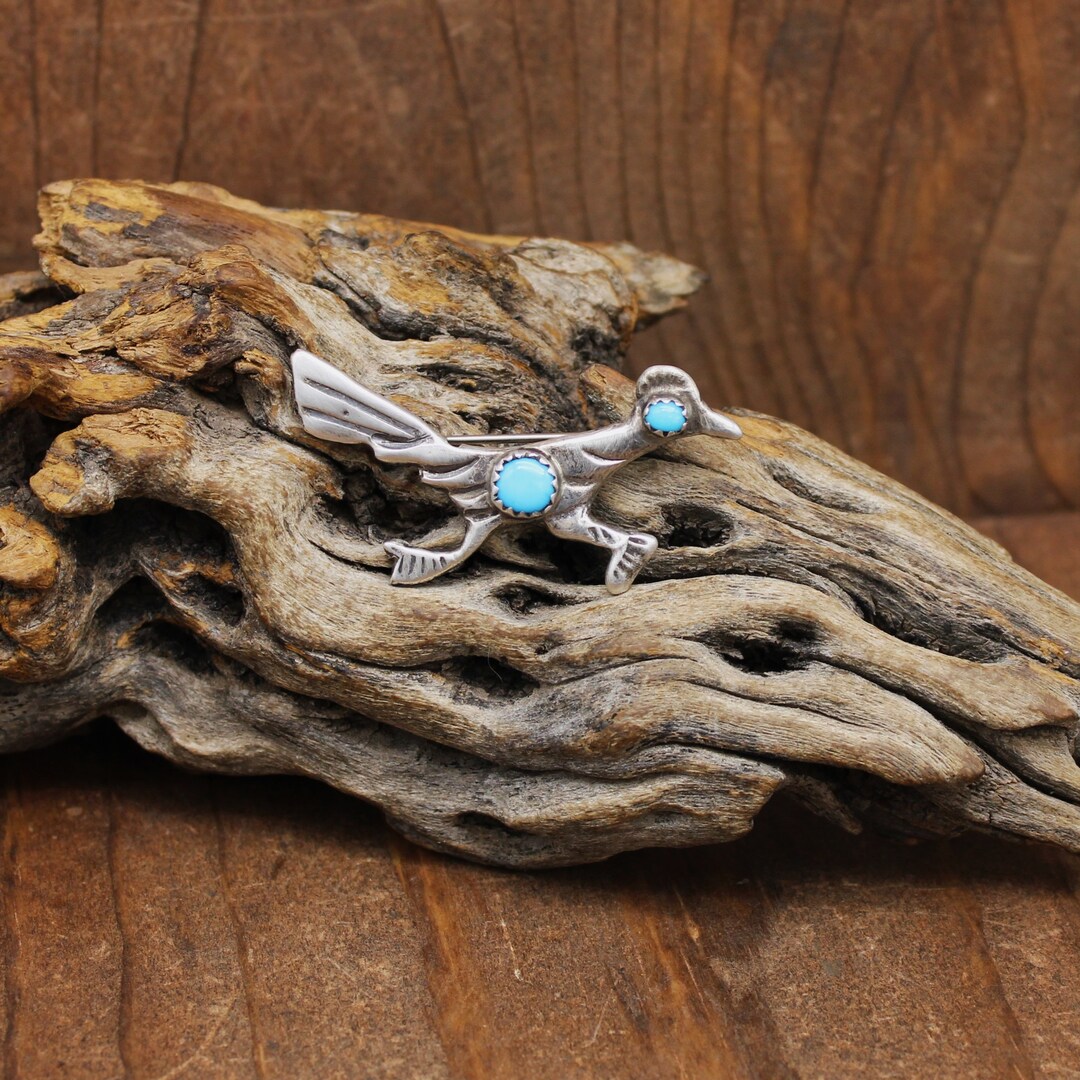 Vintage Sterling Silver Roadrunner Pin With Turquoise Accent Stones - Etsy