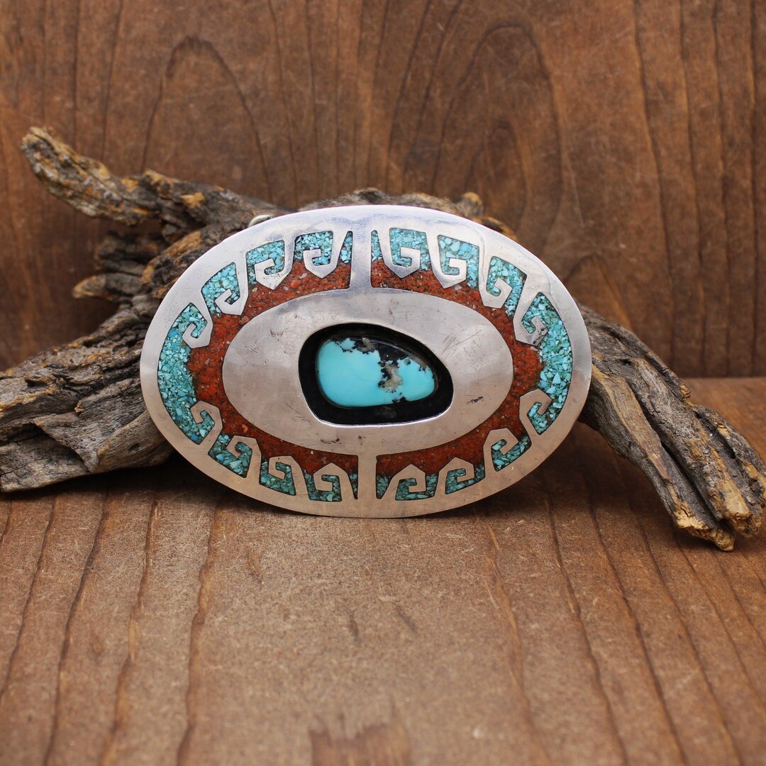 Vintage Sterling Silver Shadow Box Buckle With Turquoise Stone and Chip ...