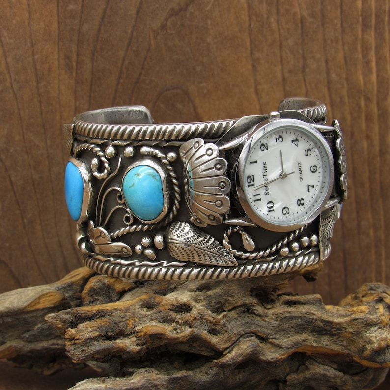 Vintage Large Men's Sterling Silver and Turquoise Watch - Etsy