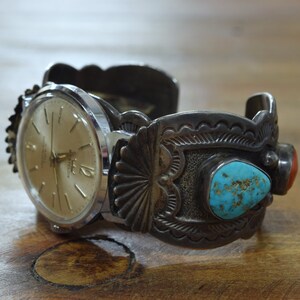 Vintage Navajo Carl Begay Sterling Silver Coral and Turquoise Watch ...