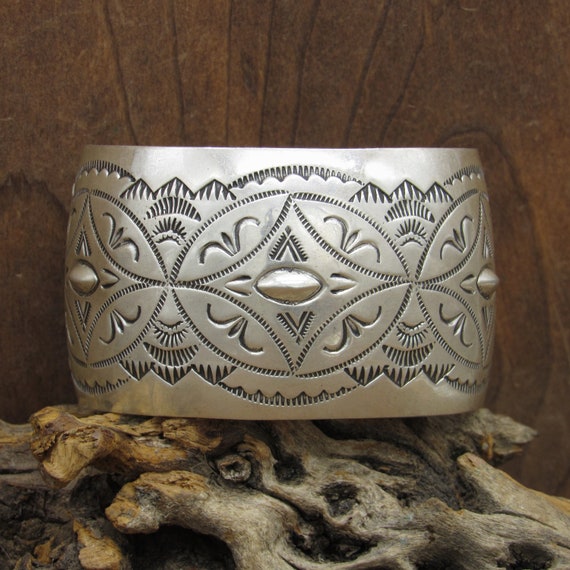 Wide Sterling Silver Stamped Cuff Bracelet - Gem