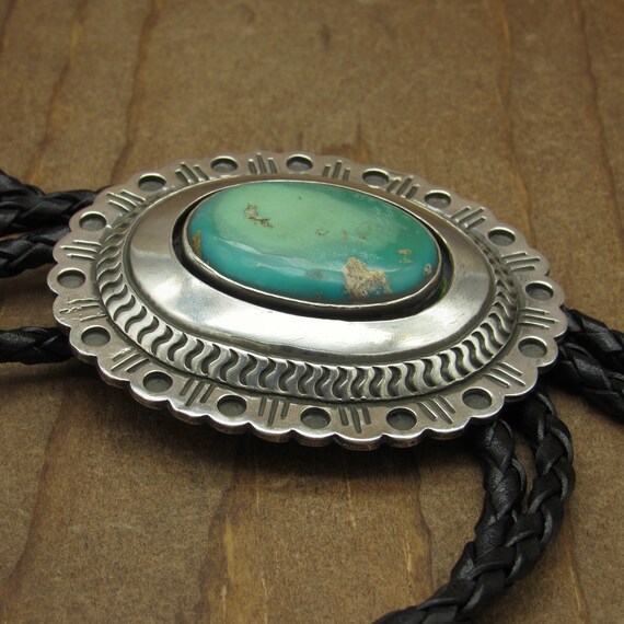 Sterling Silver and Green Turquoise Shadow Box Bolo T… - Gem