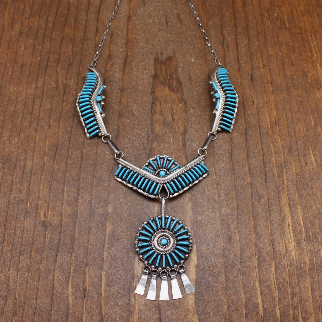 Sterling Silver Block Turquoise Needlepoint Necklace - Etsy