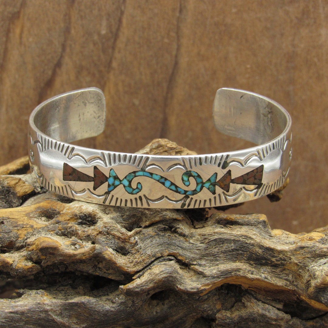 Vintage Sterling Silver Turquoise and Coral Chip Inlay Cuff Bracelet - Etsy