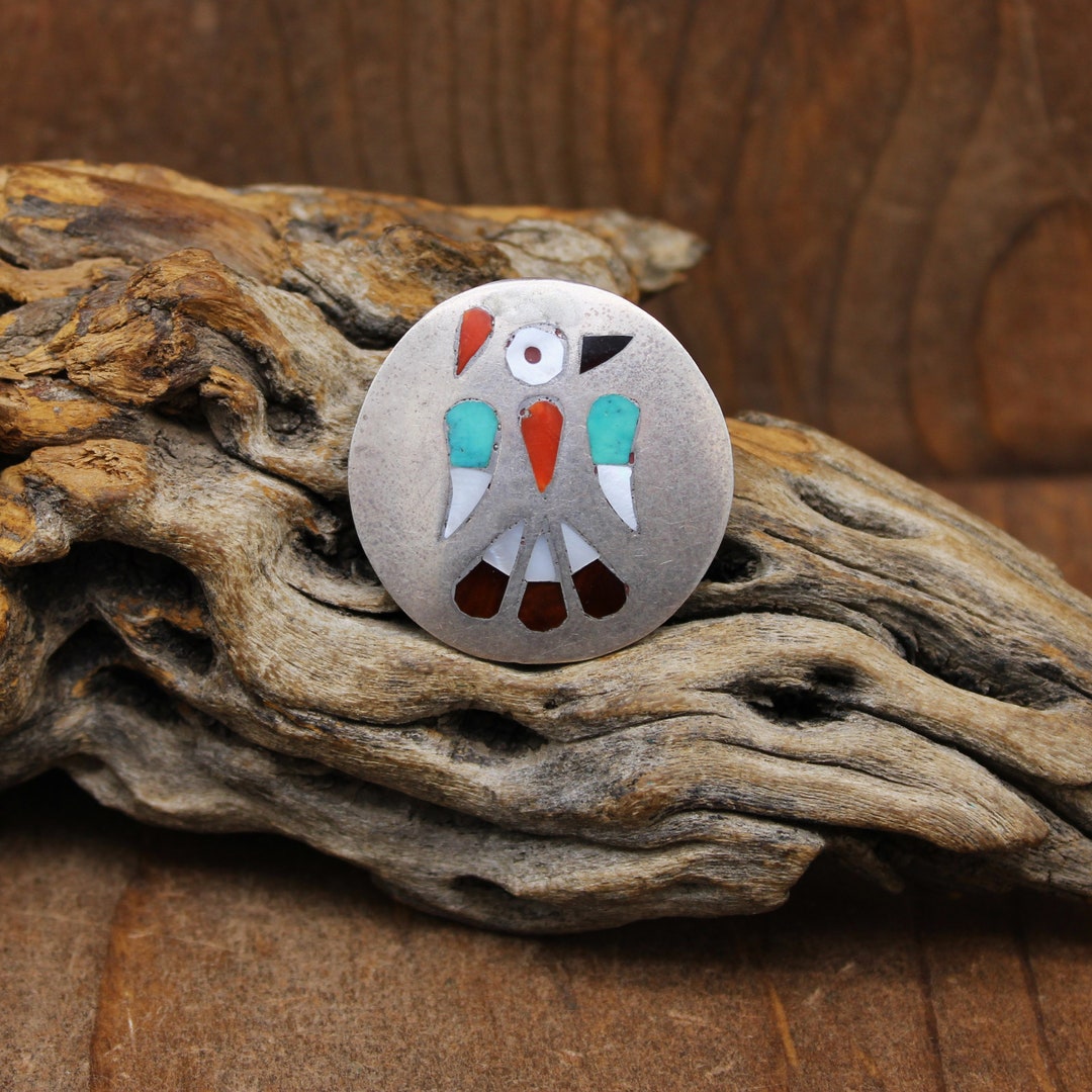 Vintage Round Sterling Silver Inlaid Thunderbird Pin * - Etsy