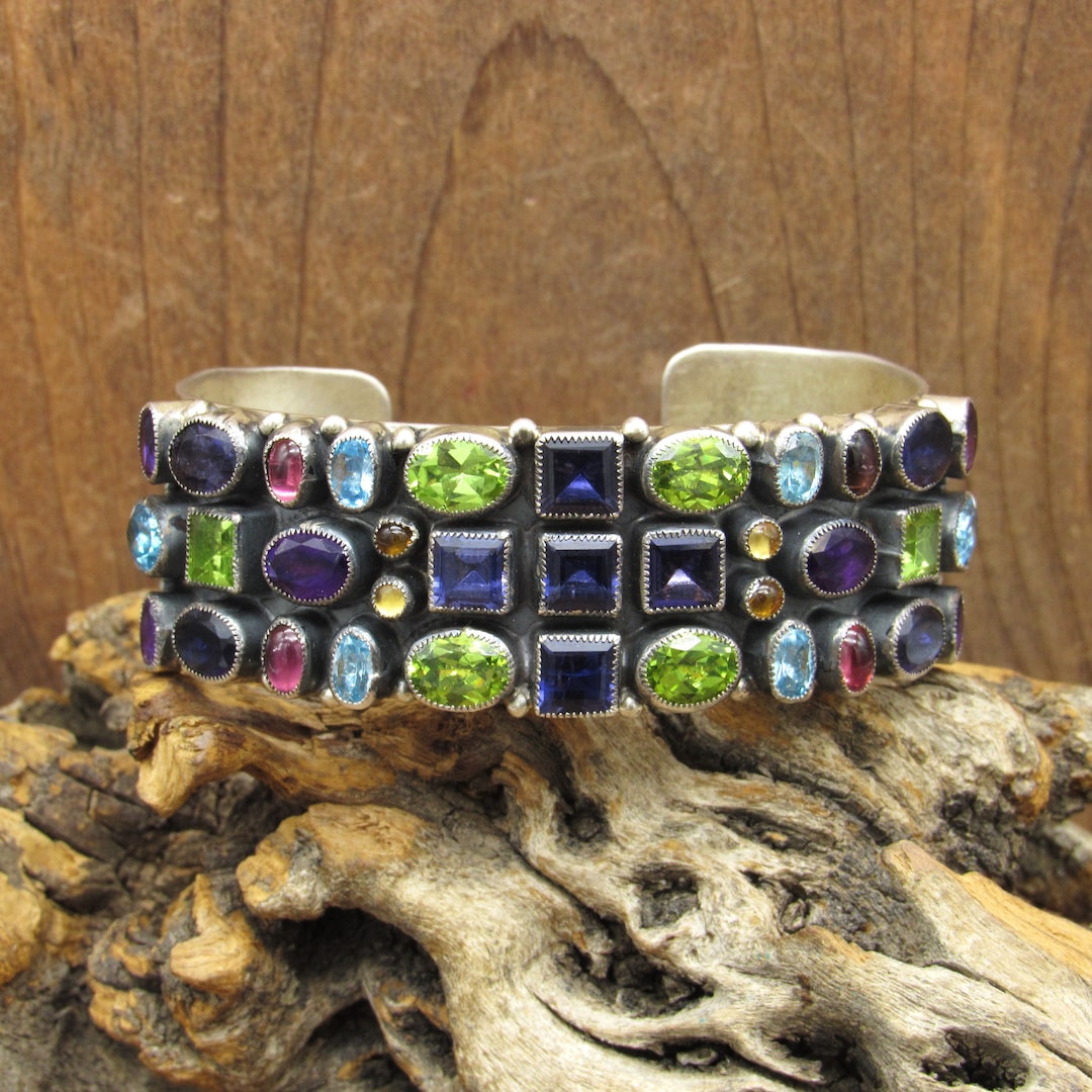 Vintage Sterling Silver and Faceted Muti Stone Cuff Bracelet by Don ...