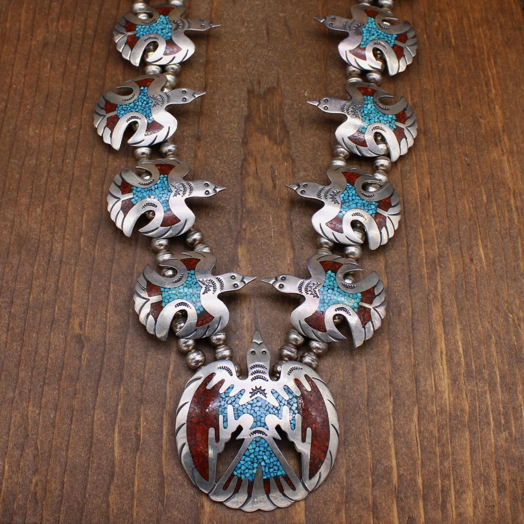 Sterling Silver Peyote Bird Squash Blossom With Chip Inlay Turquoise ...
