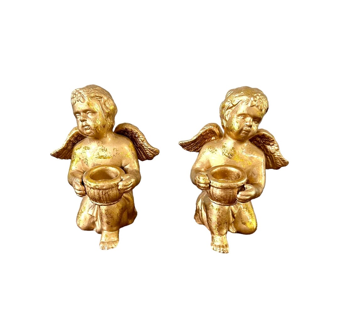 Vintage Set of Plaster Gold Leaf Candlesticks Angel Cherub Candle ...