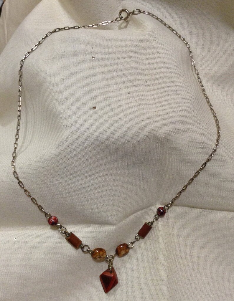 Vintage Art Deco Cinnabar Jasper Stone Beaded Chain Droplet Choker ...