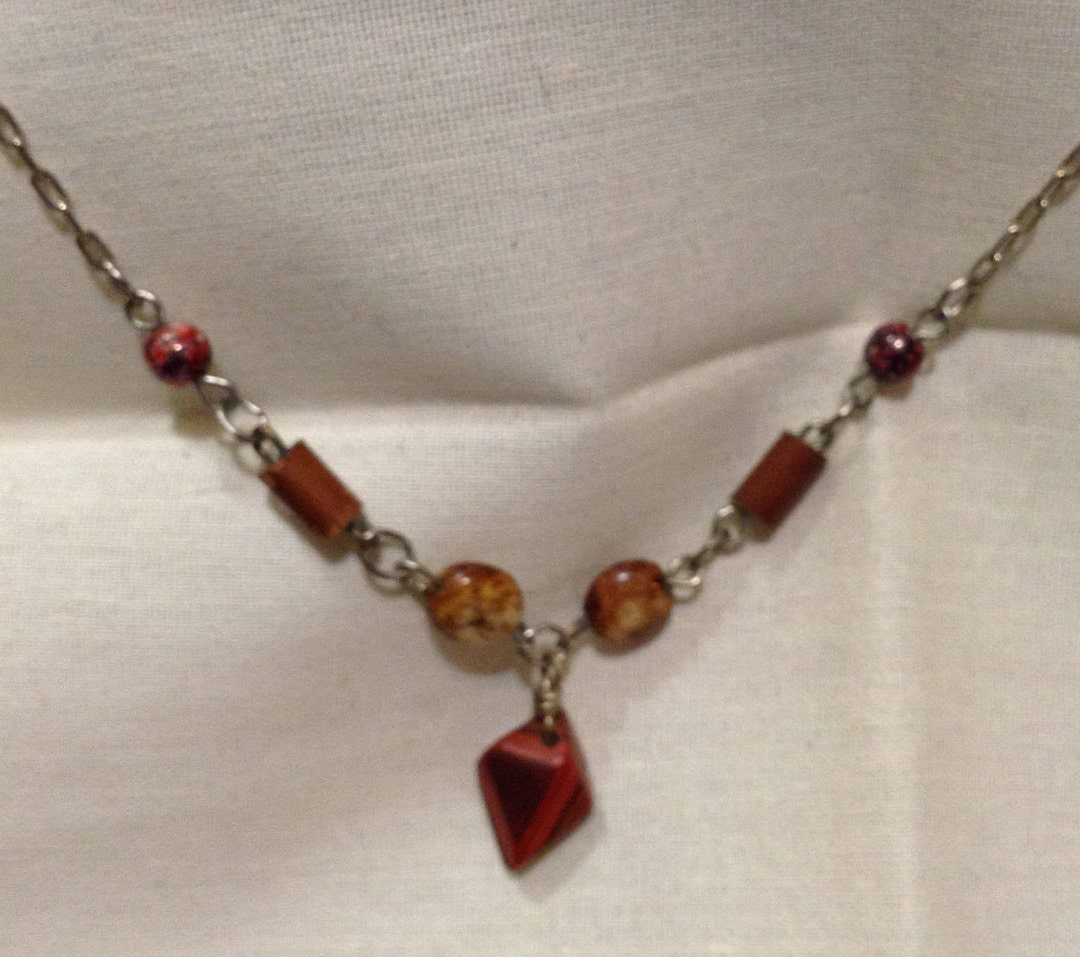 Vintage Art Deco Cinnabar Jasper Stone Beaded Chain Droplet Choker ...