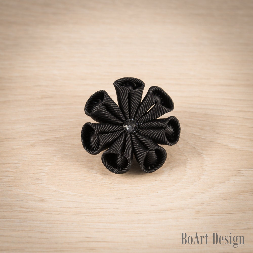 Lapel Pin/black Flower Lapel Pin With Swarovski Silver Night Crystal ...