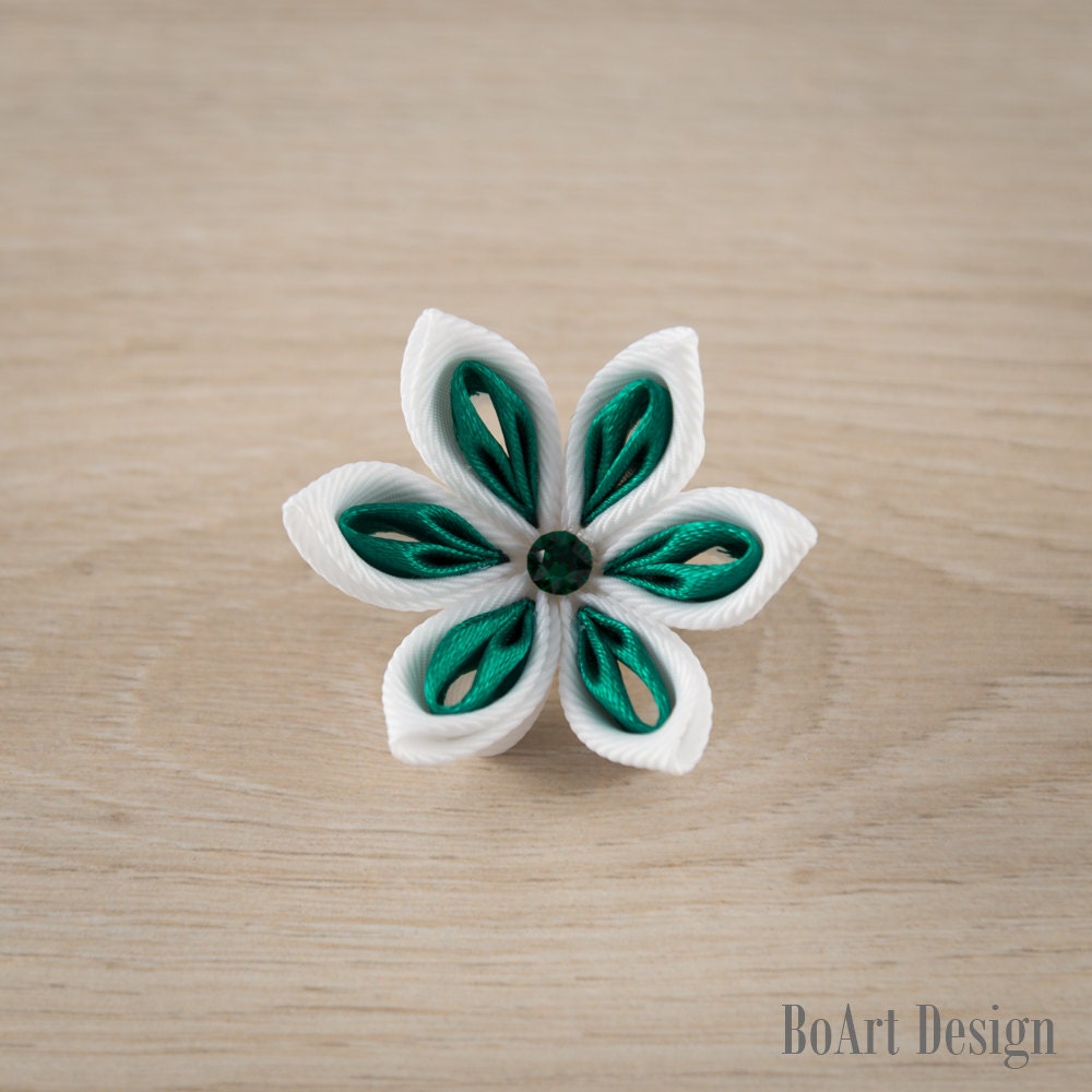 White/emerald Kanzashi Flower Lapel Pin With Swarovski Emerald - Etsy