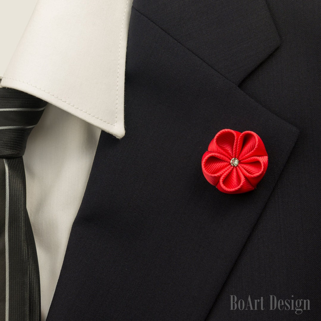 Lapel Pin/mini Coral Red Kanzashi Flower Lapel Pin With Swarovski ...