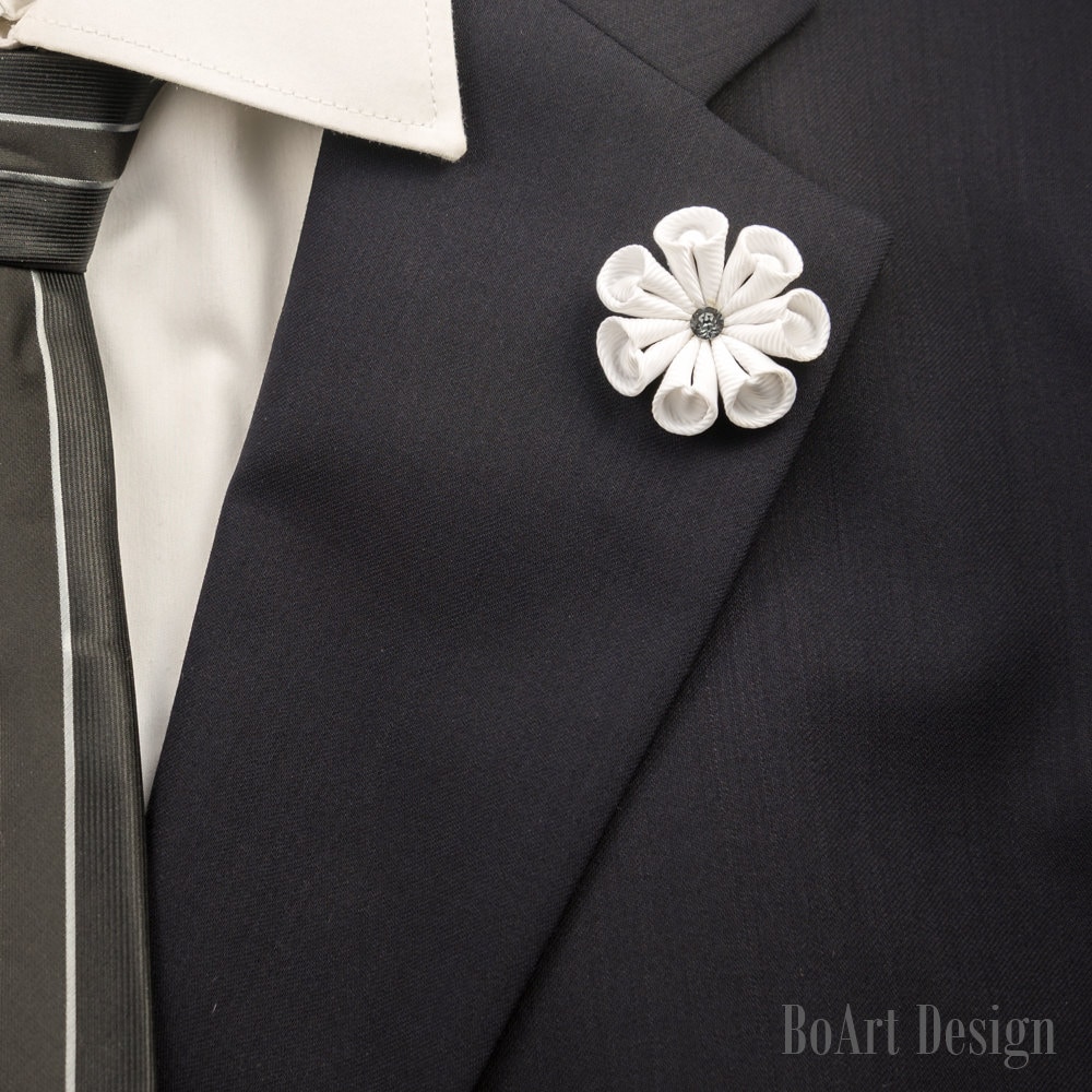 Lapel Pin/white Flower Lapel Pin With Swarovski Silver Night Crystal ...