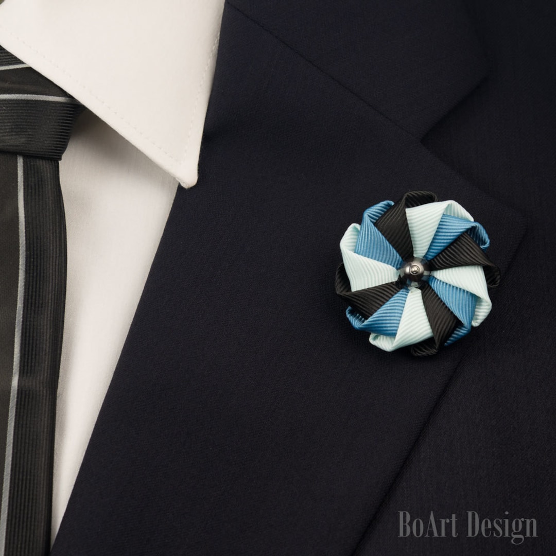 Lapel Pin/steel Blue/light Blue/black Kanzashi Flower Lapel Pin ...