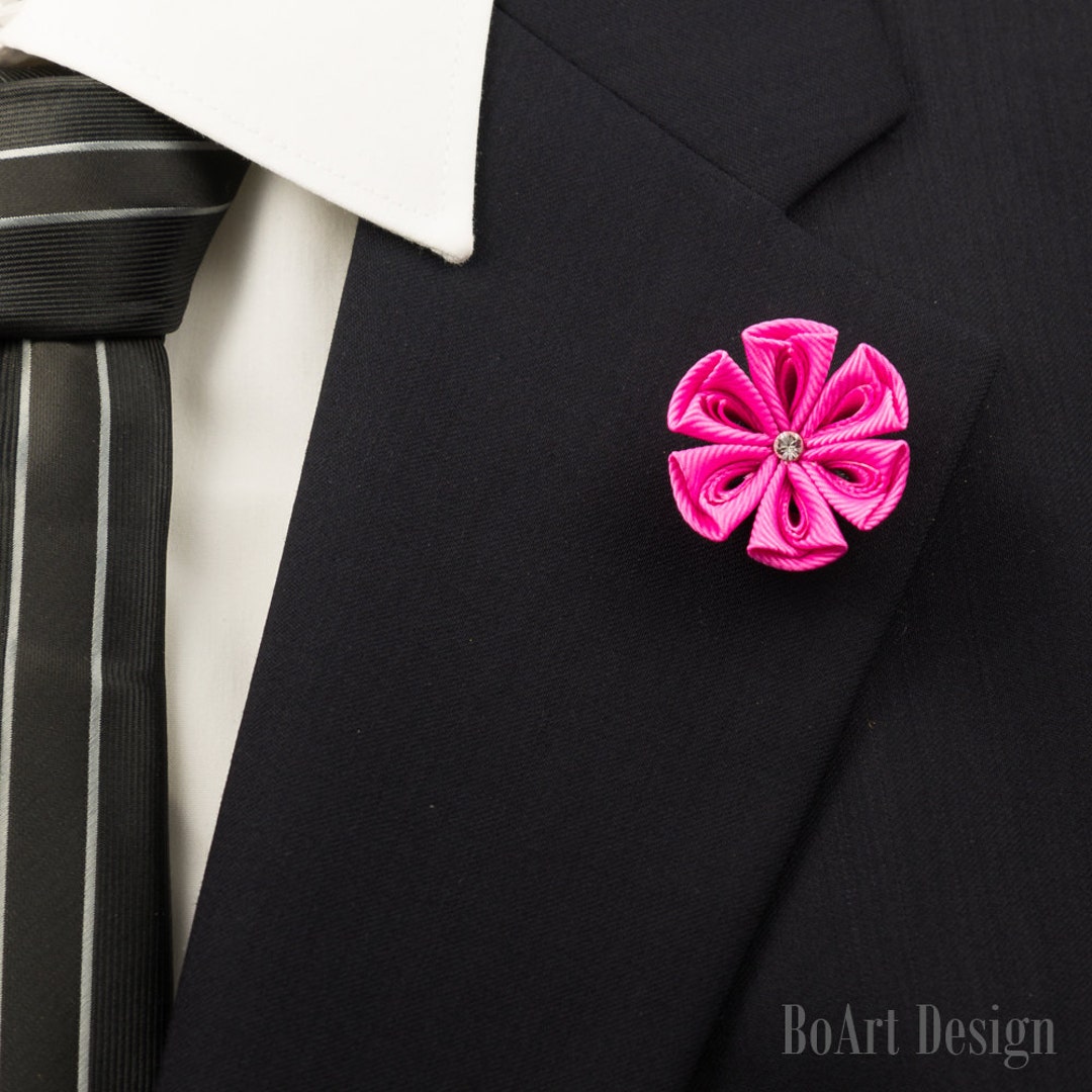 Deep Pink Kanzashi Flower Lapel Pin With Swarovski Clear Crystal/lapel ...