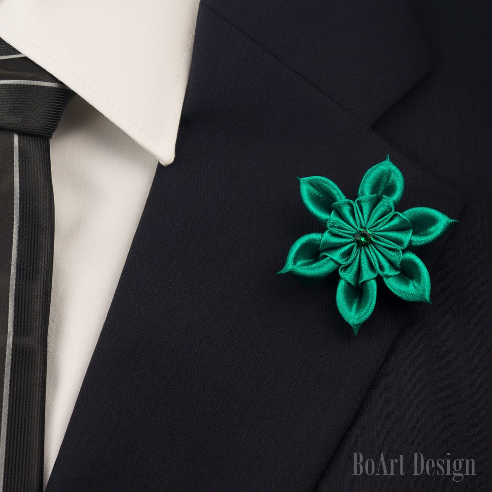 Lapel Pin/emerald Green Kanzashi Flower Lapel Pin/ Swarovski - Etsy