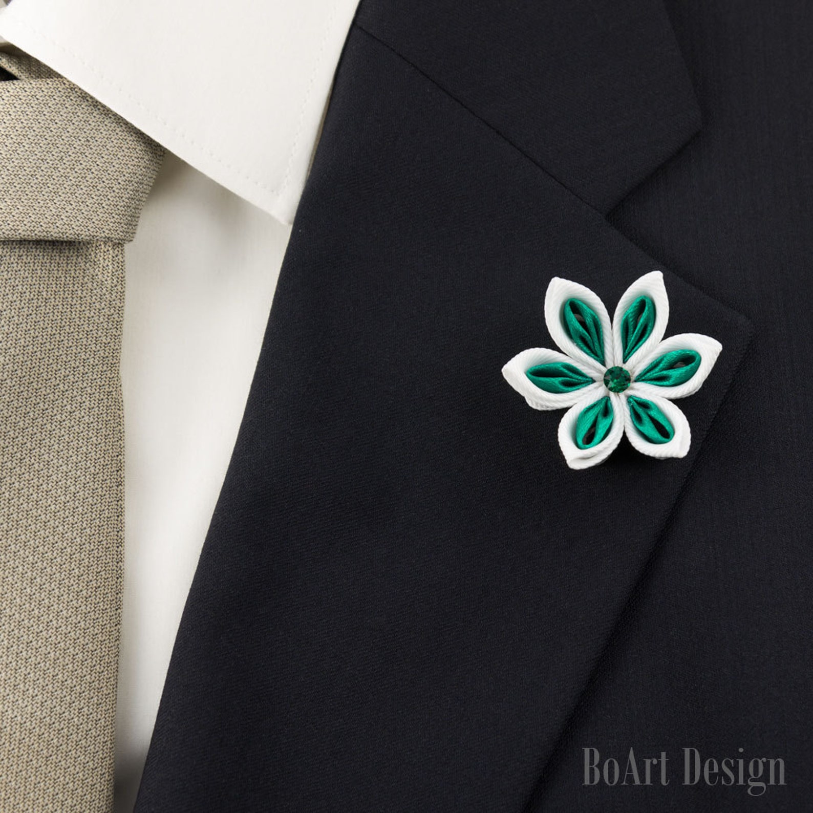 White/emerald Kanzashi Flower Lapel Pin With Swarovski Emerald - Etsy