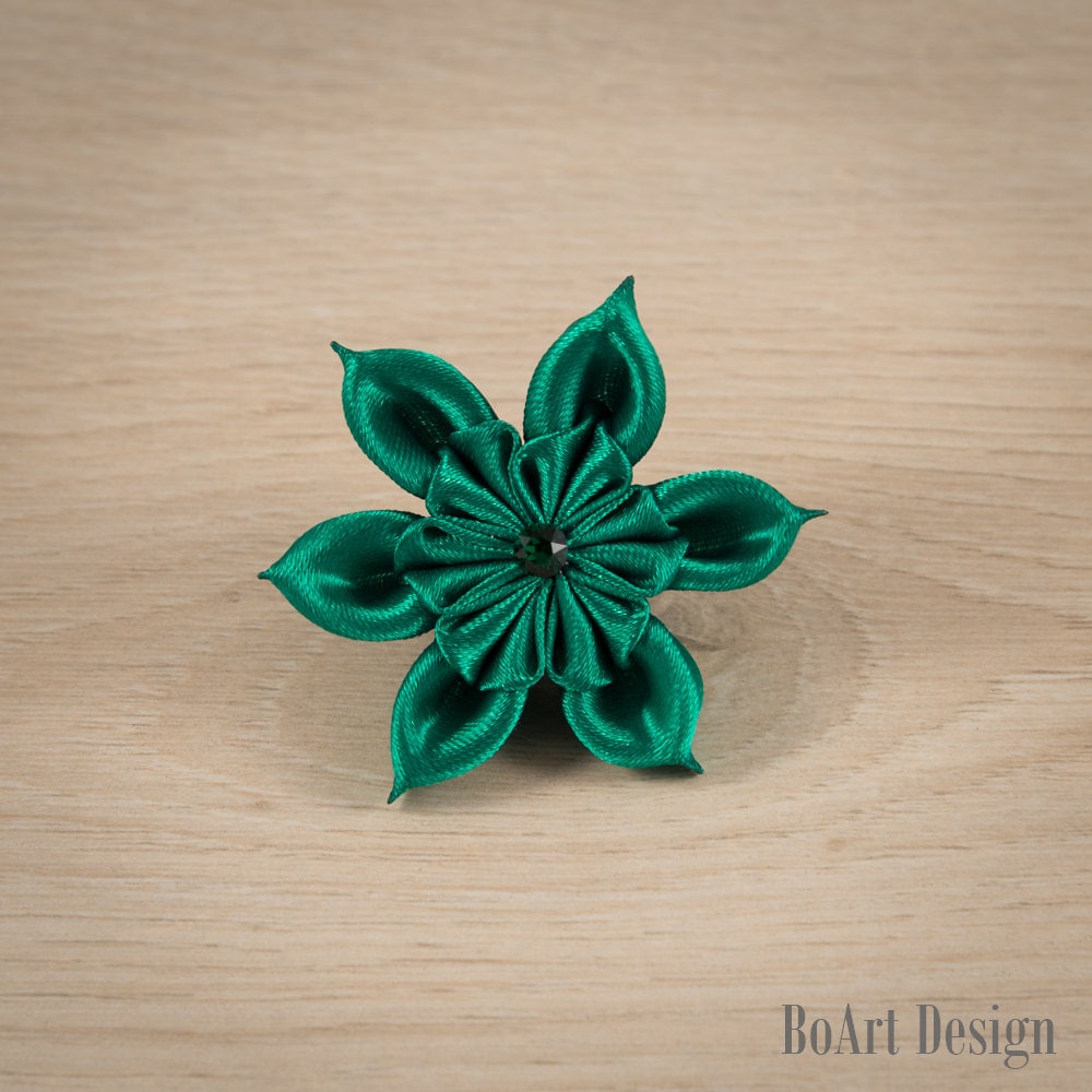 Lapel Pin/emerald Green Kanzashi Flower Lapel Pin/ Swarovski - Etsy