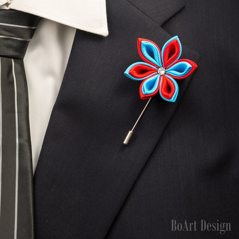 Lapel Pin/red&blue/kanzashi Flower Lapel Pin/swarovski Crystal/lapel ...