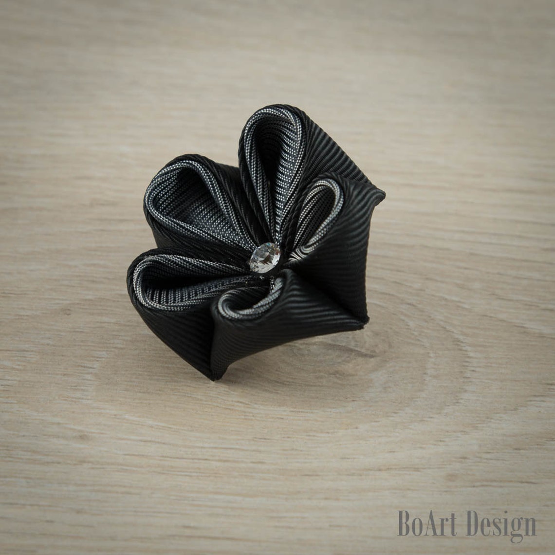 Black/black Striped Kanzashi Flower Lapel Pin With Swarovski Clear ...