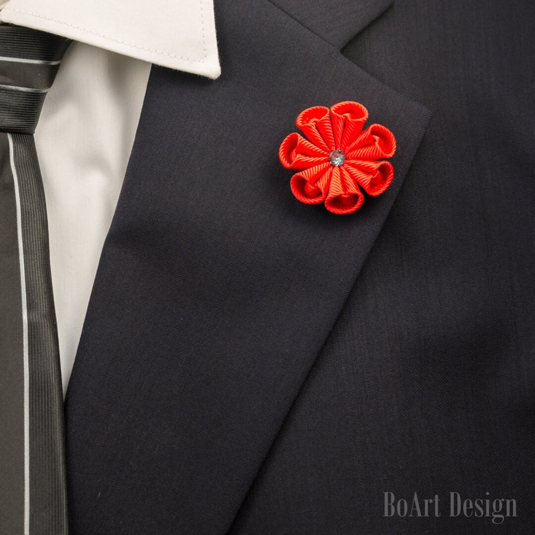 Lapel Pin/red Flower Lapel Pin With Swarovski Silver Night Crystal ...