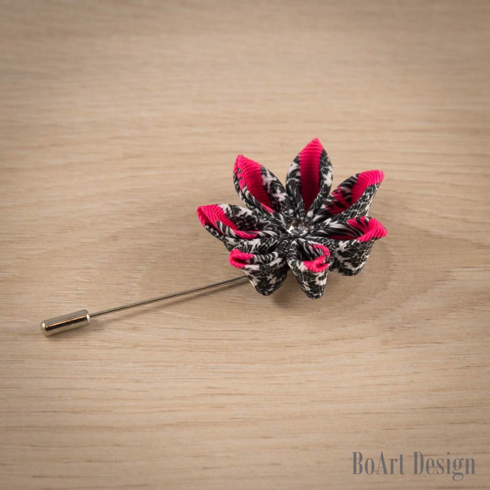 Black/deep Pink/white Kanzashi Flower Lapel Stick Pin With - Etsy