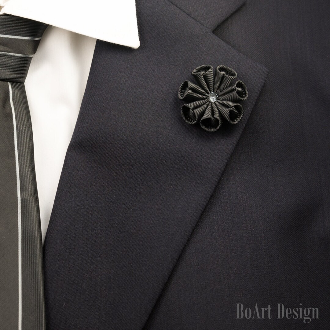 Lapel Pin/black Flower Lapel Pin With Swarovski Silver Night Crystal ...